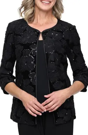 Alex Evenings Sequin Soutache Velvet Twinset - Black