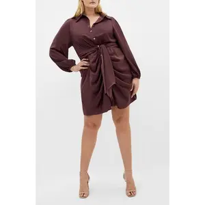 City Chic Lianna Long Sleeve Belted Shirtdress - Cocoa