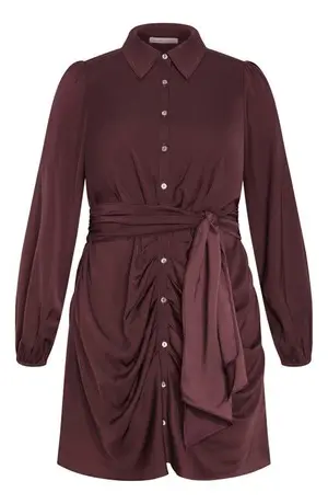 City Chic Lianna Long Sleeve Belted Shirtdress - Cocoa