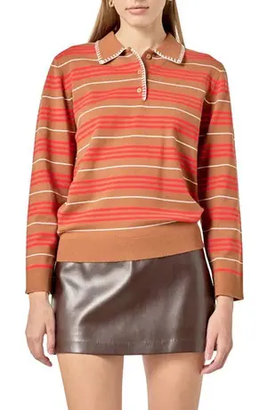 English Factory Striped Long Sleeve Knit Polo Camel Multi