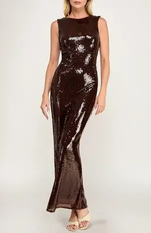SOCIALITE Sequin Open Back Maxi Dress - Chocolate