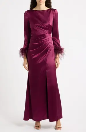 Eliza J Feather Cuff Long Sleeve Gown - Bur