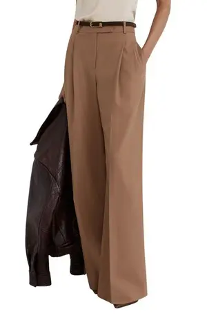 REISS Luna Pleated Wide Leg Wool Blend Trousers - Camel