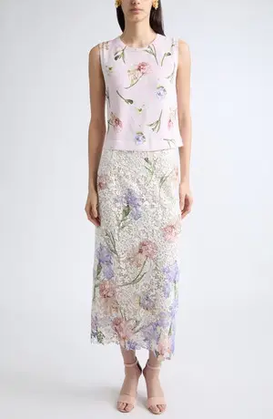 Oscar De La Renta Iris Degradé Printed Lace Midi Skirt - White Multi