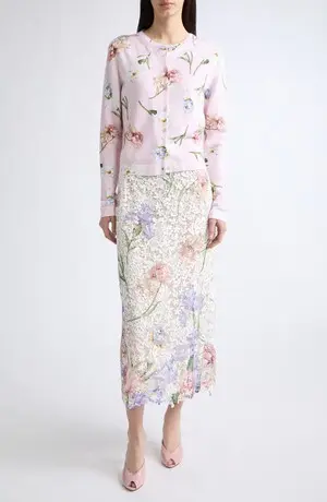 Oscar De La Renta Iris Degradé Printed Lace Midi Skirt - White Multi
