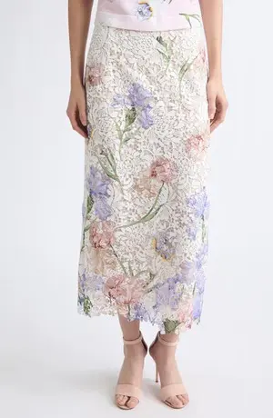 Oscar De La Renta Iris Degradé Printed Lace Midi Skirt - White Multi