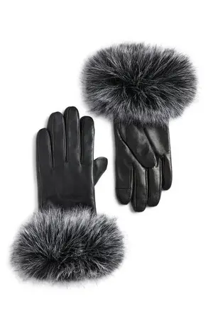 Surell Tech Leather Gloves With Faux Fur Cuffs - Black/silver