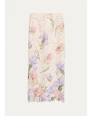 Oscar De La Renta Iris Degrade Print Guipure Lace Midi Skirt - White Multi