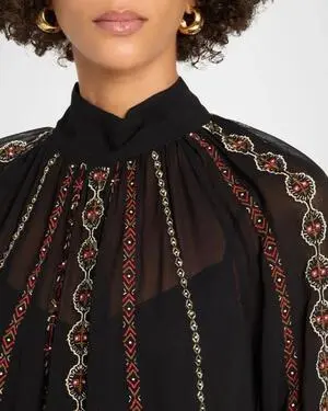 Veronica Beard Tairis Embroidered Sheer Blouse - Black