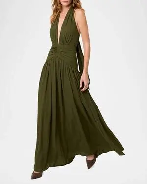 NICHOLAS Arella Plunging Halter Maxi Dress - Olive