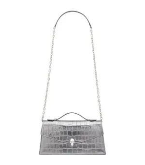 Alexander McQueen Croc-embossed Metallic Leather Skull Shoulder Bag - Silver