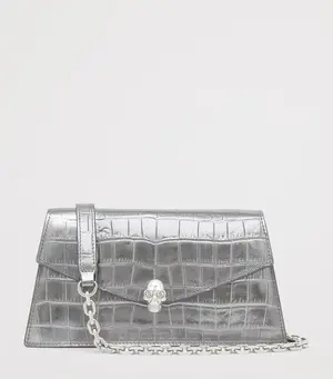 Alexander McQueen Mini Croc-embossed Metallic Leather Skull Shoulder Bag