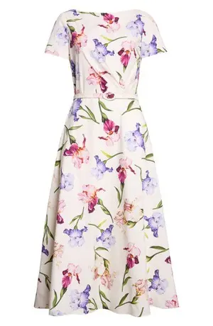 Oscar De La Renta Iris Flower Cotton Stretch Poplin Midi Dress - Ivory Multi