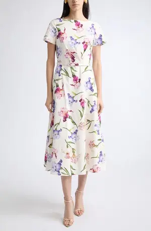 Oscar De La Renta Iris Flower Cotton Stretch Poplin Midi Dress - Ivory Multi