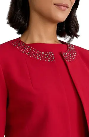 KASPER Embellished Open Front Jacket - Fire Red