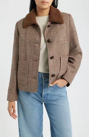Sam Edelman Houndstooth Jacket With Faux Shearling Collar - Multi Houndstooth
