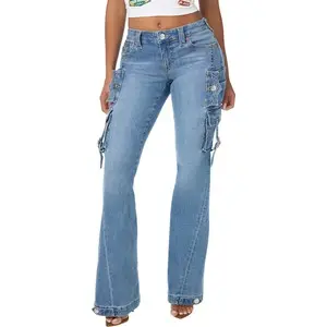 True Religion Joey Low Rise Cargo Flap Flare Jeans - Medium Wash