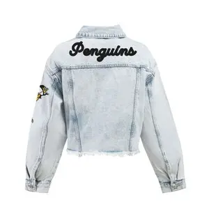 HYPE AND VICE Pittsburgh Penguins Chenille Raw Edge Cropped Full-button Jean Jacket