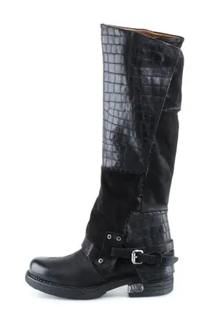 A.S.98 Perkins Croc Embossed Leather Boot - Black