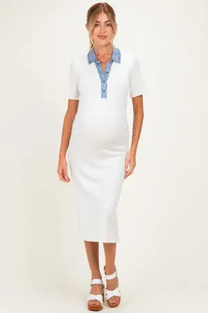 PINKBLUSH White Denim Contrast Collar Knit Midi Dress - Ivory