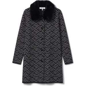 KASPER Faux Fur Collar Herringbone Cardigan