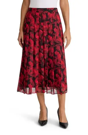 KASPER Pleated Front Midi Skirt - Fire Red Multi