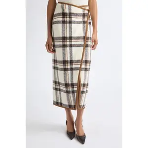 TOCCIN Leia Plaid Faux Leather Trim Wrap Midi Skirt - Cedar Multi