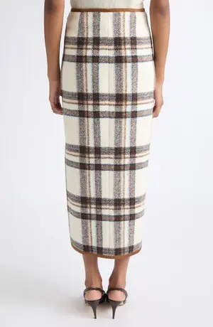 TOCCIN Leia Plaid Faux Leather Trim Wrap Midi Skirt