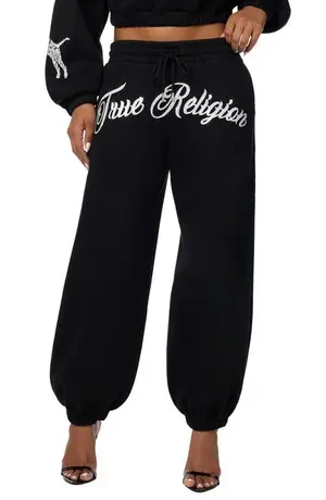 True Religion Crystal Logo Mid Rise Boyfriend Joggers - Jet Black