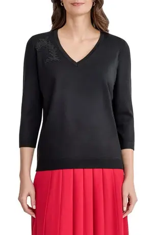 KASPER Embroidered V-neck Sweater
