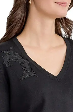 KASPER Embroidered V-neck Sweater