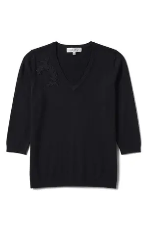 KASPER Embroidered V-neck Sweater
