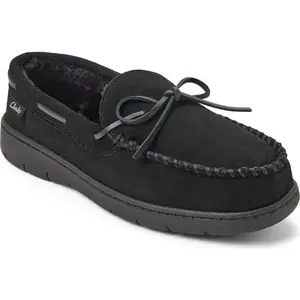 Clarks Genuine Cow Suede Moccasin With Leather Lacing And Tipped Faux Fur Slippers - Black