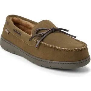 Clarks Genuine Cow Suede Moccasin With Leather Lacing And Tipped Faux Fur Slippers - Sage