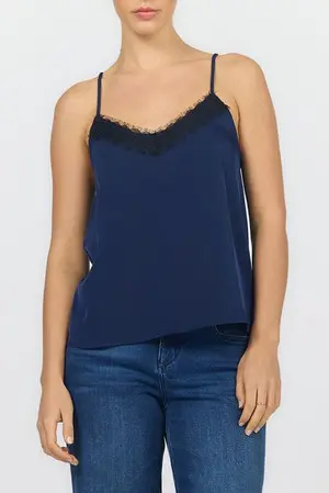 DEAR JOHN Alexandria Lace Trim Satin Tank - Black Iris