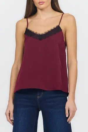 DEAR JOHN Alexandria Lace Trim Satin Tank - Cherry Tea