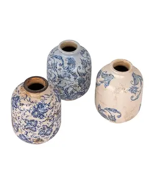OLIVE GROVE Decorative Terra-cotta Vases With Heavy Distressing, Set Of 3 - Blue