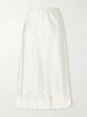 Rabanne Floral-print Lace-trimmed Silk-satin Midi Skirt - Multi
