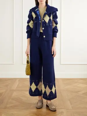 Calle Del Mar Argyle Cashmere Wide-leg Pants