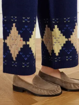 Calle Del Mar Argyle Cashmere Wide-leg Pants