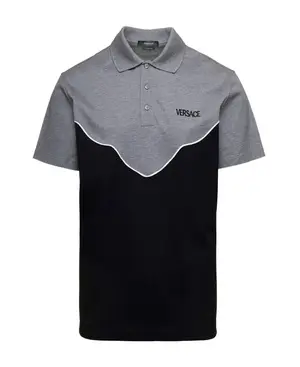 Versace Logo Embroidered Short-sleeved Polo Shirt - Black