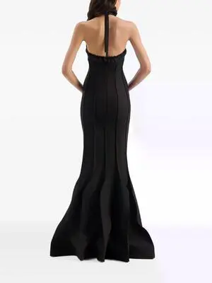 GENNY Bow-embellished Ruffled-collar Maxi Gown Dress