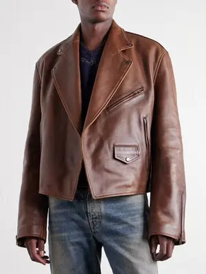 MAISON MARGIELA Cropped Distressed Full-grain Leather Biker Jacket