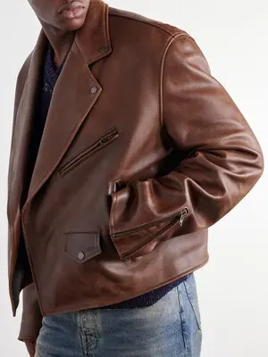 MAISON MARGIELA Cropped Distressed Full-grain Leather Biker Jacket