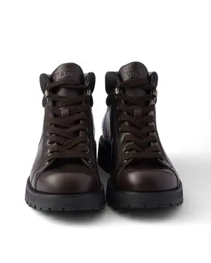 Prada Lace-up Leather And Re-nylon Booties