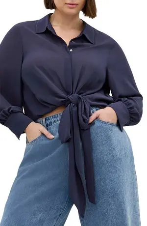 City Chic Jane Tie Hem Shirt - Navy