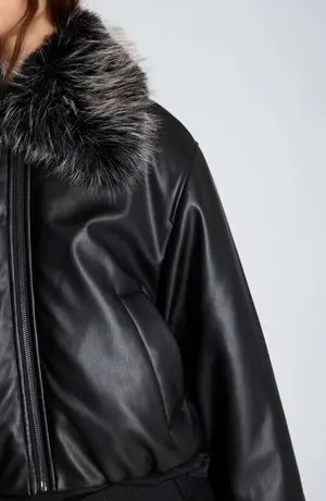 KENNETH COLE COLLECTION Faux Fur Collar Faux Leather Puffer Jacket