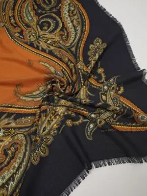 Etro Stole In Wool And Silk With Paisley Print And Frayed Edges