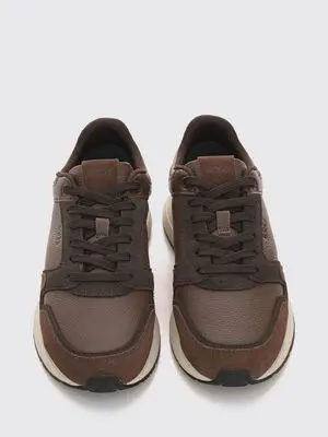 BOSS Vinston Runner Low Top Leather And Suede Sneakers With Mesh Lining