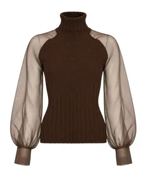 D.exterior Sheer-sleeve Turtleneck Knitted Sweater - Brown